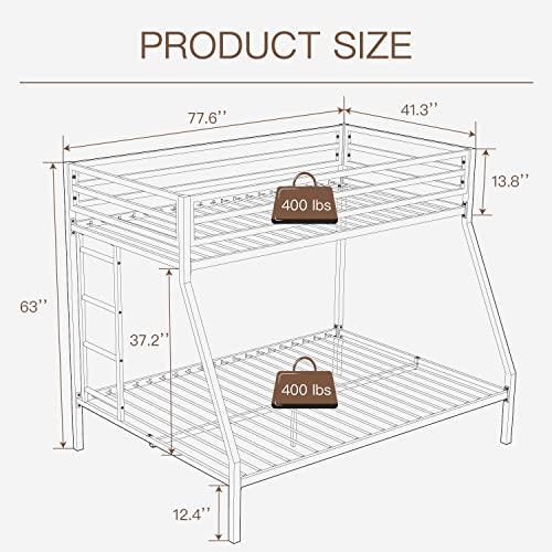 ikalido Metal Bunk Bed, Twin Over Full Size Beds with Sturdy Guard Rail & Removable Ladder, Space-Saving/Noise-Free/Matte Black
