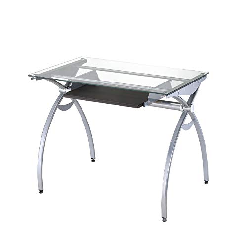 Techni Mobili Modern Work Desk-43.25β Wide Tray-Perfect Clear Contempo Glass Top Computer Desk with Pull Out Keyboard Panel, 43.25" W