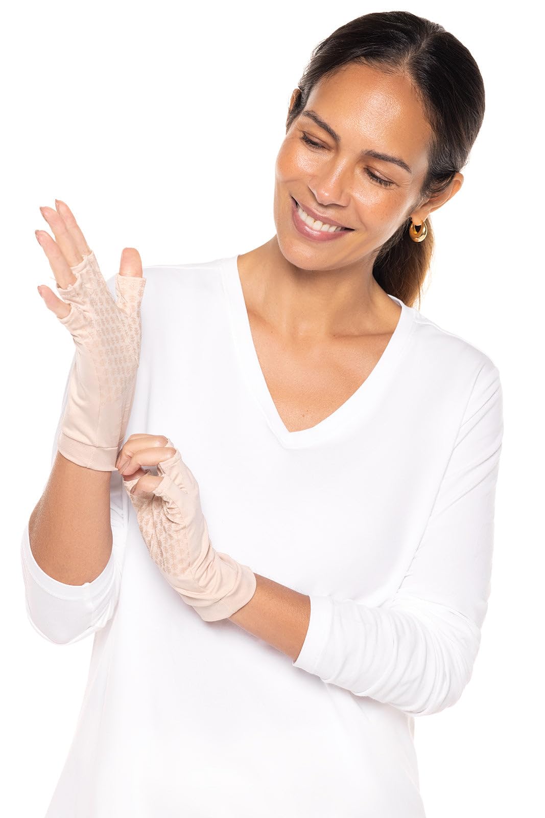 Coolibar UPF 50+ Men's Women's Ouray UV Fingerless Sun Gloves - Sun Protective (Medium- Beige)