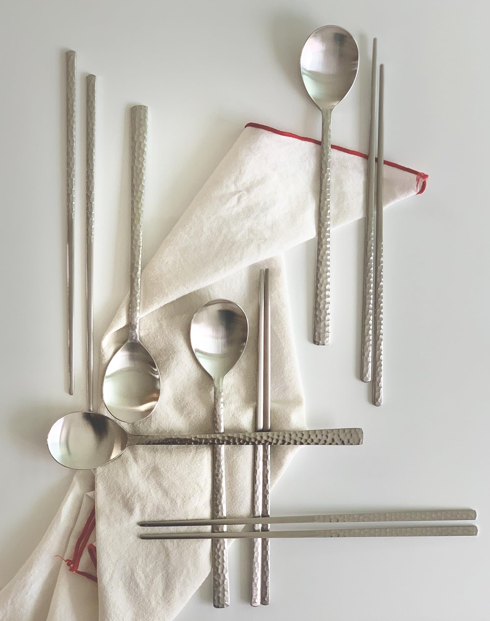 cozymomdeco Korean Made Silver Glossy Hammered Stainless Steel Korean Spoon & Chopstick SET (4SET)