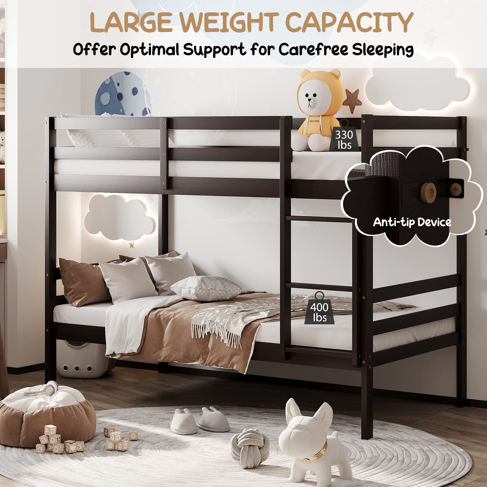GORELAX Twin Over Twin Bunk Bed, Space Saving Wood Bed Frame w/Under Bed Storage, Ladder & Guardrail, Dorm & Multichild Family, Modern Bunk Bed for Kids, Teens, Sleepovers, Adults (Espresso)