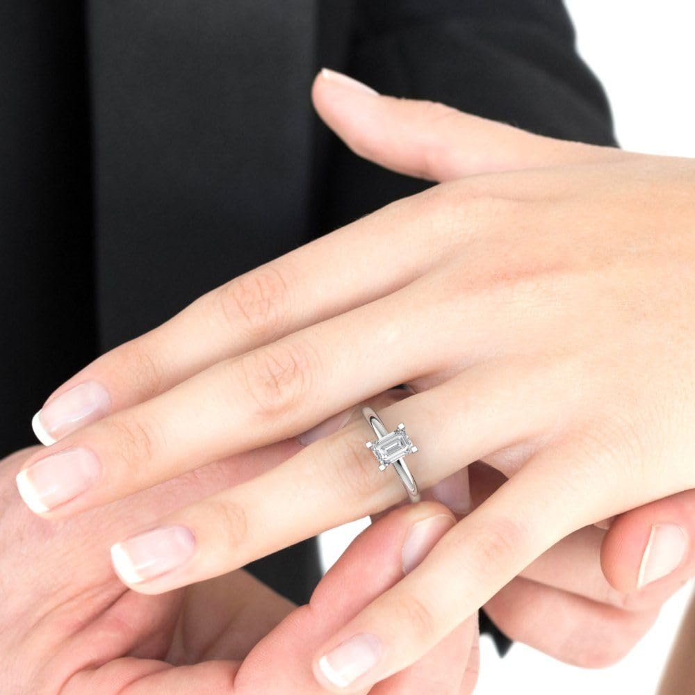 Clara Pucci 1.0 ct Emerald Cut Solitaire Lab Created White Sapphire Bridal Designer Anniversary Engagement Ring 14k White Gold 3.5