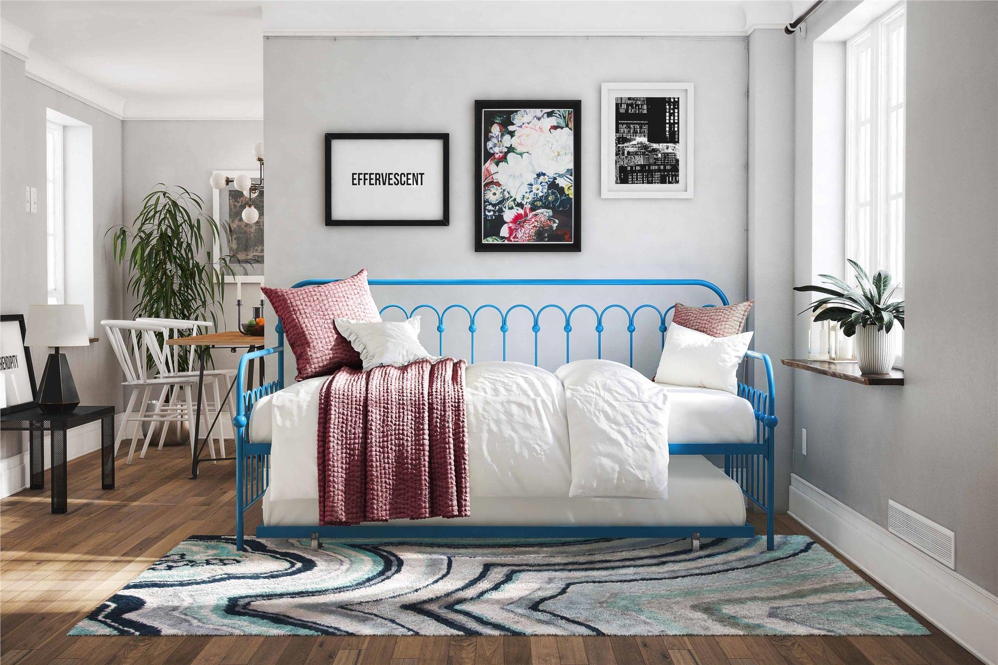 Novogratz Bright Pop Metal Daybed with Roll Out Trundle - Chic, Stylish, Space-Saving Design - Includes Sturdy Steel Slats