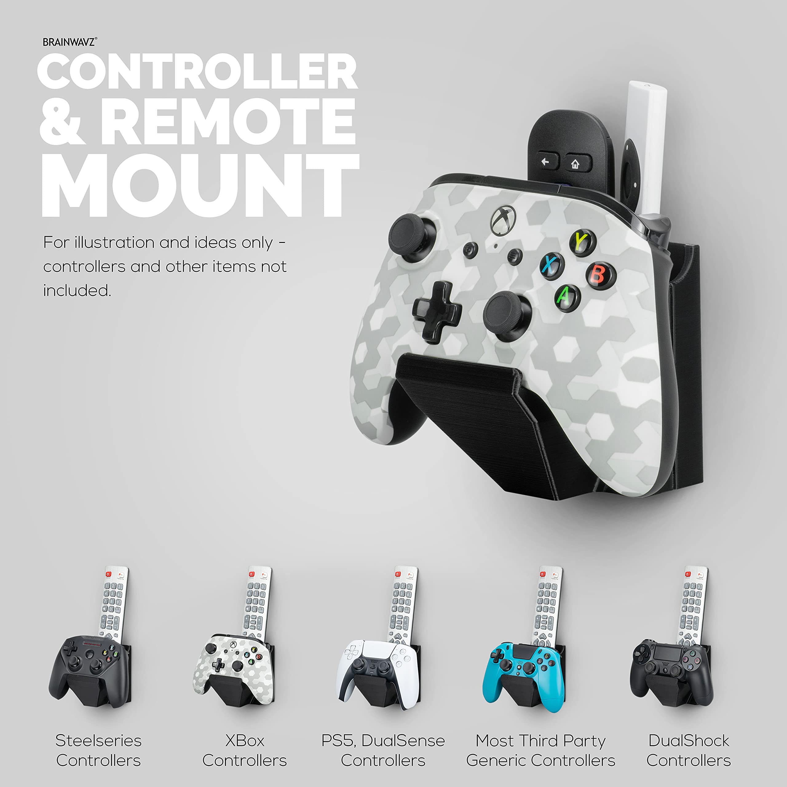 BRAINWAVZ Universal Game Controller & TV Remote Control Wall Mount Stand Holder Hanger Storage - Designed for Xbox ONE, PS4, PS3, PS5, Dualshock, DualSense, PC, Steelseries, Steam & More, UGC-04