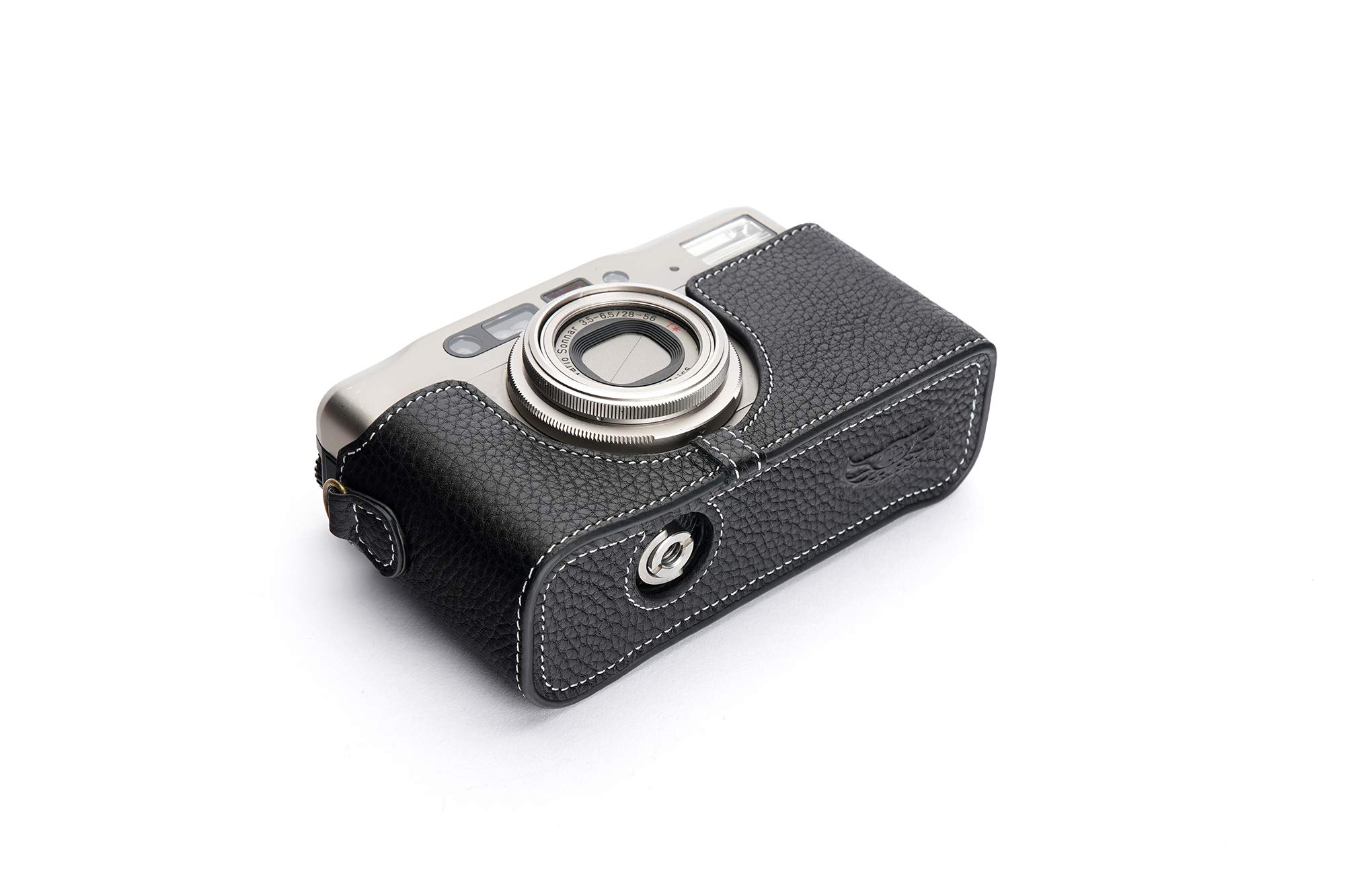 Contax TVS II Case, BolinUS Handmade Genuine Real Leather Half Camera Case Bag Cover for Contax TVS II Camera with Hand Strap (Black)
