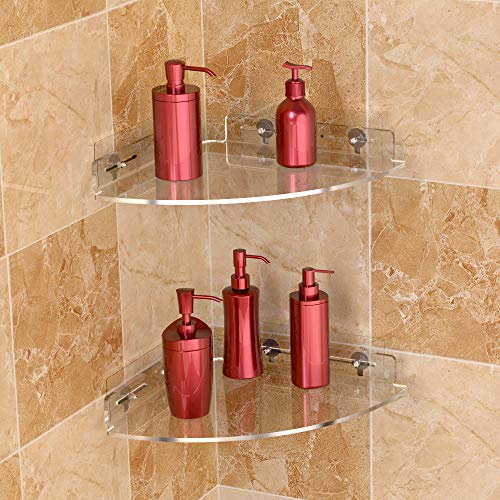 Vdomus Acrylic Bathroom Shelves, Wall Mounted no Drilling Thick Clear Storage & Display shelvings, 2 Pack (Original) and Acrylic Corner Shower Shelf 2 Pack with Adhesive, Wall Mount Bathroom