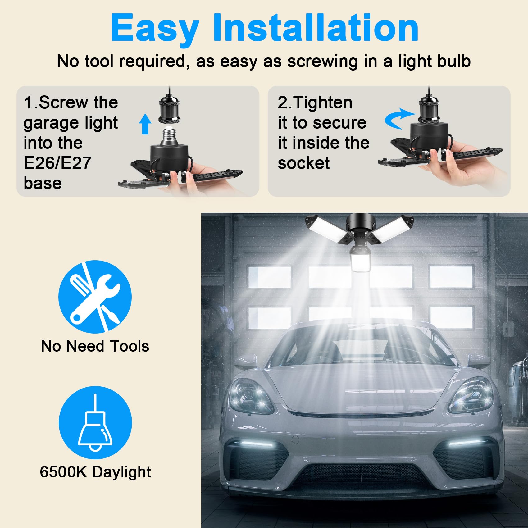 Kofarrten LED Garage Lights, 80W LED Garage Lights, Super Bright 8000LM 6500K Deformable LED Garage Ceiling Lights Shop Lights for Garage, Workshop, Basement,Warehouse (1Pack)