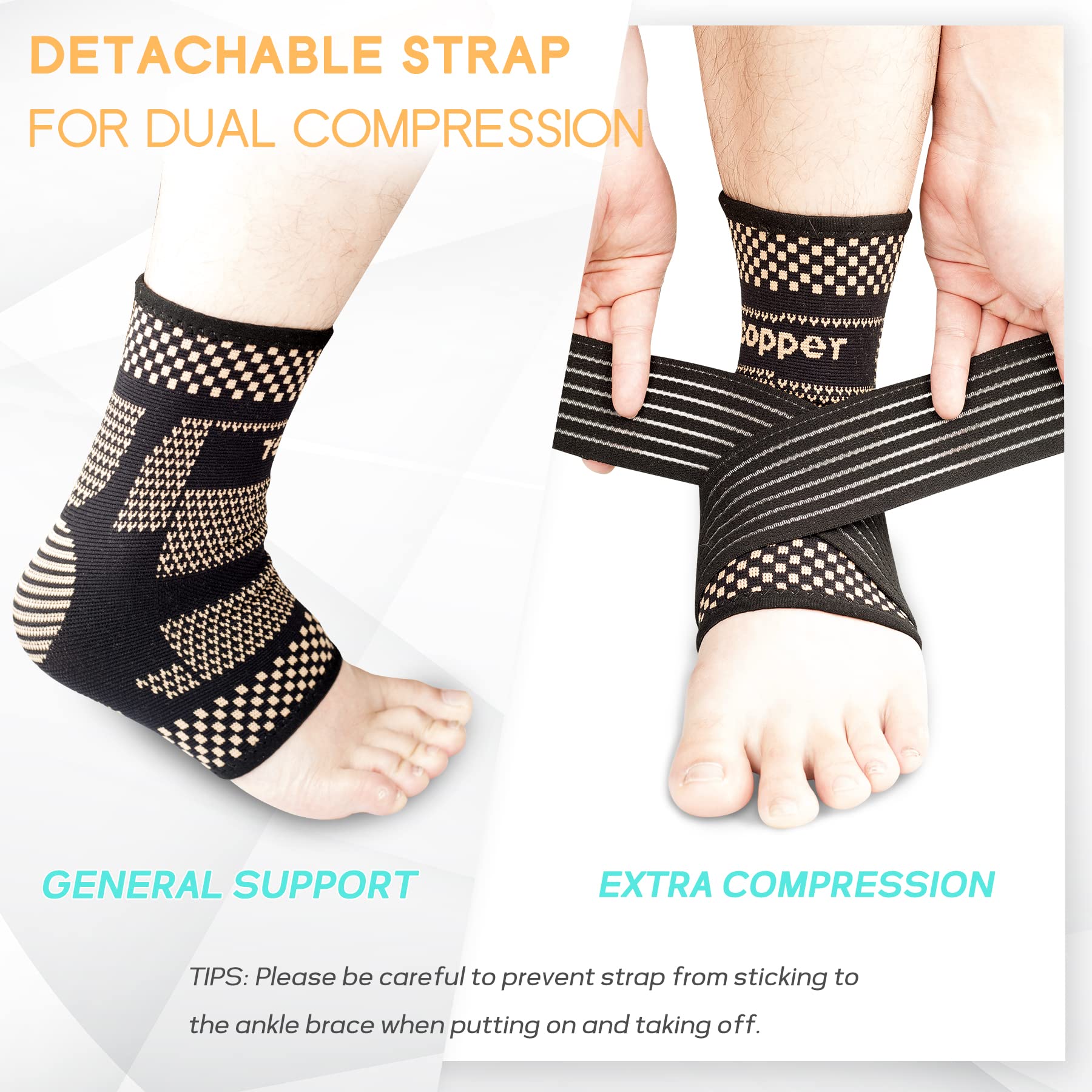 CURECARE Ankle Sleeve for Sprained Ankle, 2 PCS Copper Ankle Brace for Women & Men, Breathable Ankle/Arch Support with Removable Strap, Ankle Stabilizer Brace for Injury Recovery, Pain Relief (S)