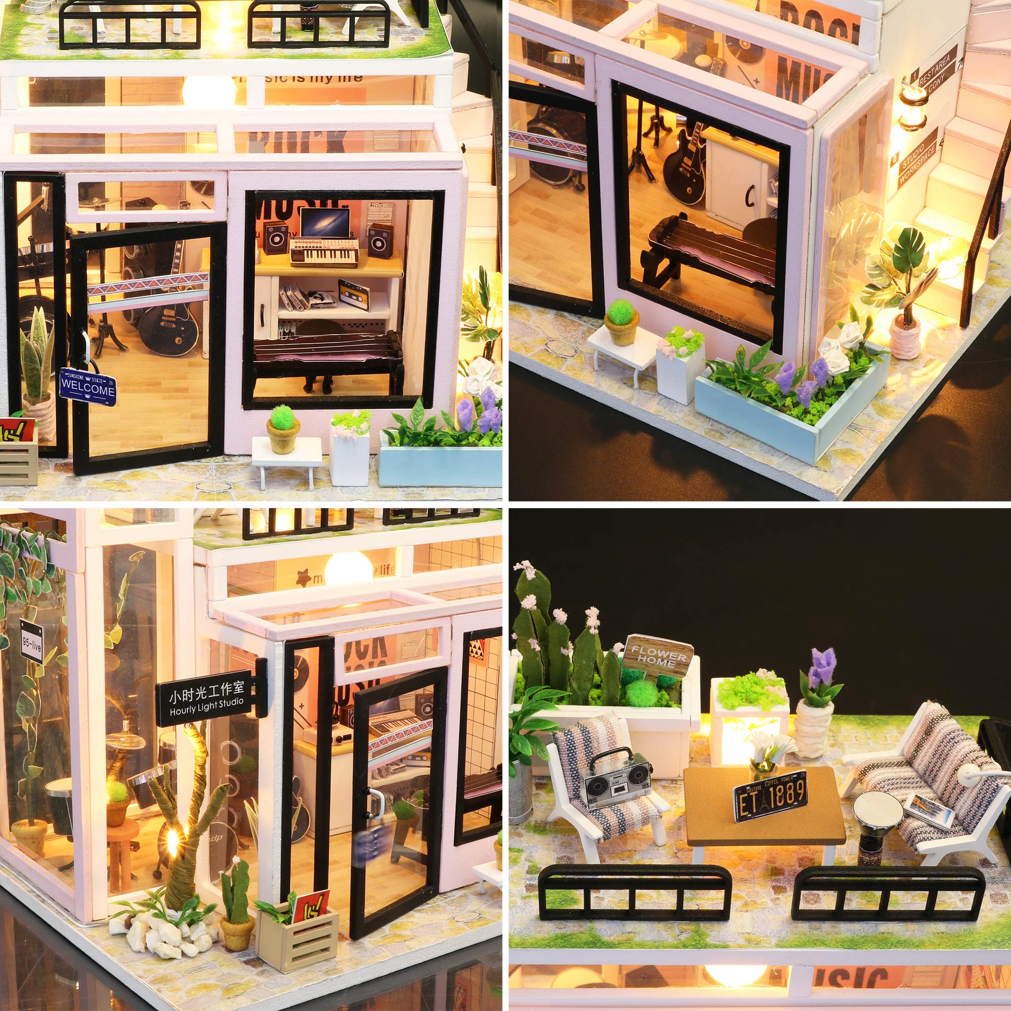 Spilay DIY Miniature Dollhouse Kit with Wooden Furniture,DIY Dollhouse Kit with Dust Proof and Music Movement,1:24 Scale Creative Room for Romantic Valentine's Gift(Time Studio)