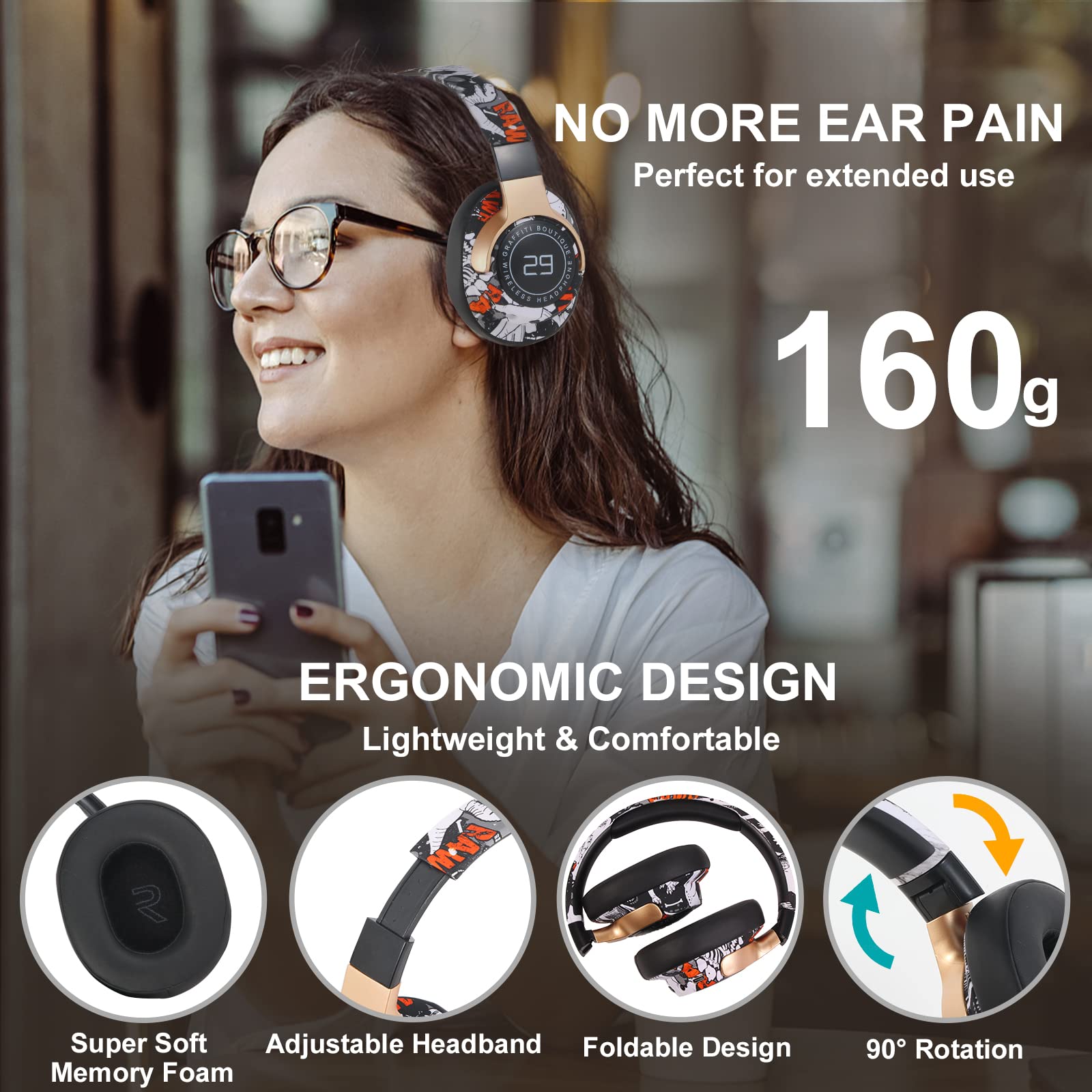 CBSOHDE Bluetooth Headphones Over The Ear, Graffiti Wired/Wireless Headphones with Microphone-Soft Ear Cushions, Foldable Hi-Fi Stereo Sound Bluetooth Headsets for Pad Laptop PC Cellphone (Pink)