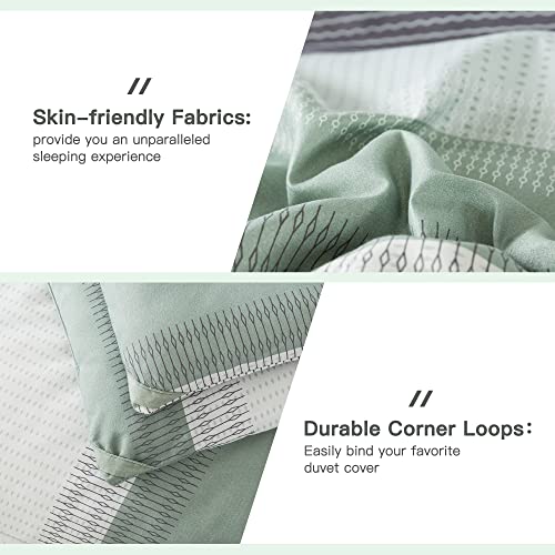 Litanika Queen Comforter Set Sage Green - 3 Pieces Lightweight Bedding Comforter Sets, Light Green White Colorblock Stripe Fluffy Bed Set, All Season Down Alternative