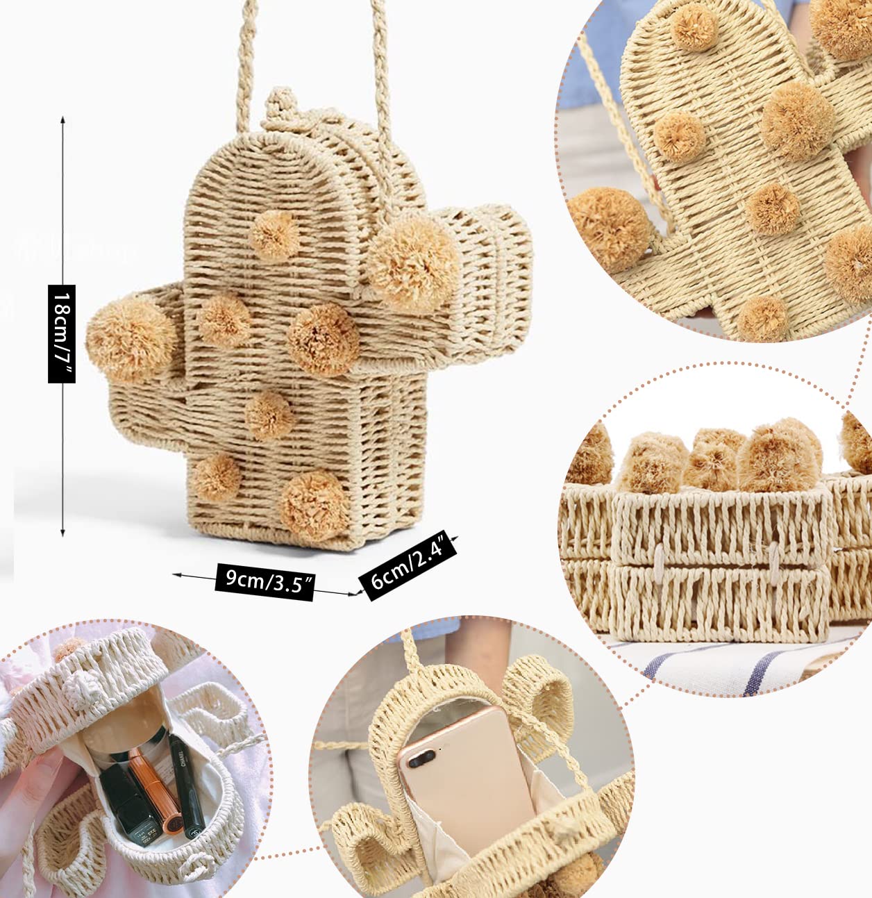 NIBD Beach Bag Cactus Straw Bag Summer Bags with Pom Pom Women Messenger Handbag Braided New Rattan Bag, Beige, 7.5"*7.5"*2.4"