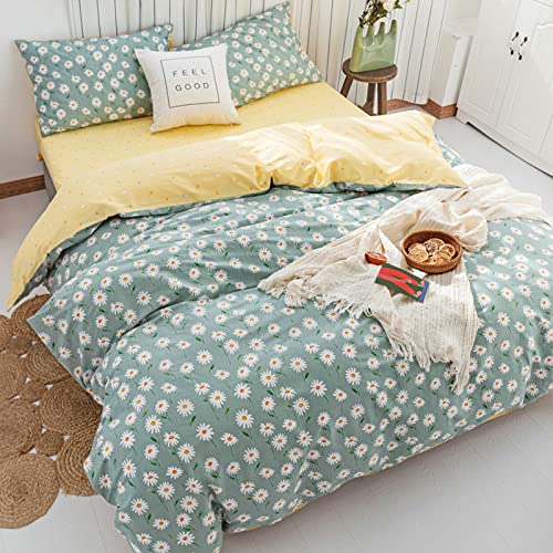 Sage Green Floral Duvet Cover Twin Soft Cotton Bedding Set Daisy Floral Printed on Green Bedding Duvet Cover, Modern Botanical Comforter Set with Zipper Closure