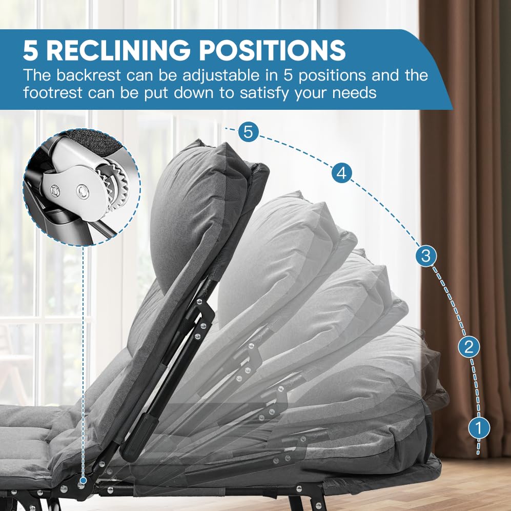 STARBRILLIANT Adjustable Folding Chaise Lounge Chair with Mattress, Folding Portable Sleeping Adults Cots Perfect for Sunbathing, Camping, Pool, Beach, Patio (Grey)