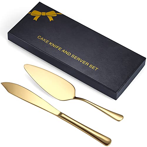 Gold Cake Cutting Set with Luxury Gift Box,Stainless Steel Gold Cake Pie Pastry Servers, Gold Cake Serving Set, Elegant Cake Knife and Server Set Perfect For Wedding, Birthday, Parties and Events.
