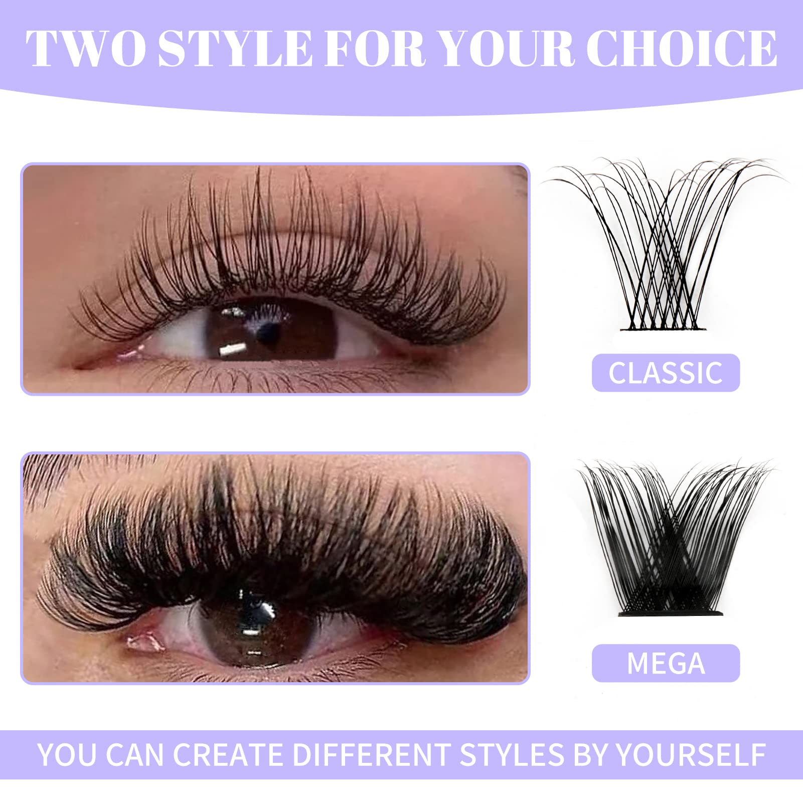 Cluster Lash Glue Black Sensitive Waterproof Lash Glue Long Lasting DIY Lash Glue and 2 Style Wide-stem Lash Clusters C/D Curl Thin Band Cluster Lashes
