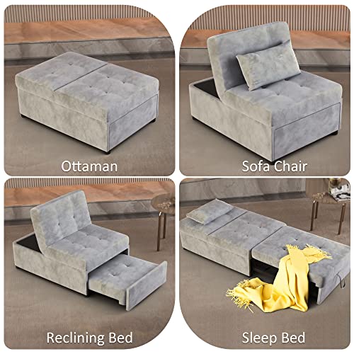 Velvet Convertible Sofa Bed, 4 in 1 Multi-Function Folding Ottoman Lounge Chair, Modern Sleeper Bed Couch Guest Bed with Adjustable Backrest and Pillow for Living Room Small Room Apartment (Gray)
