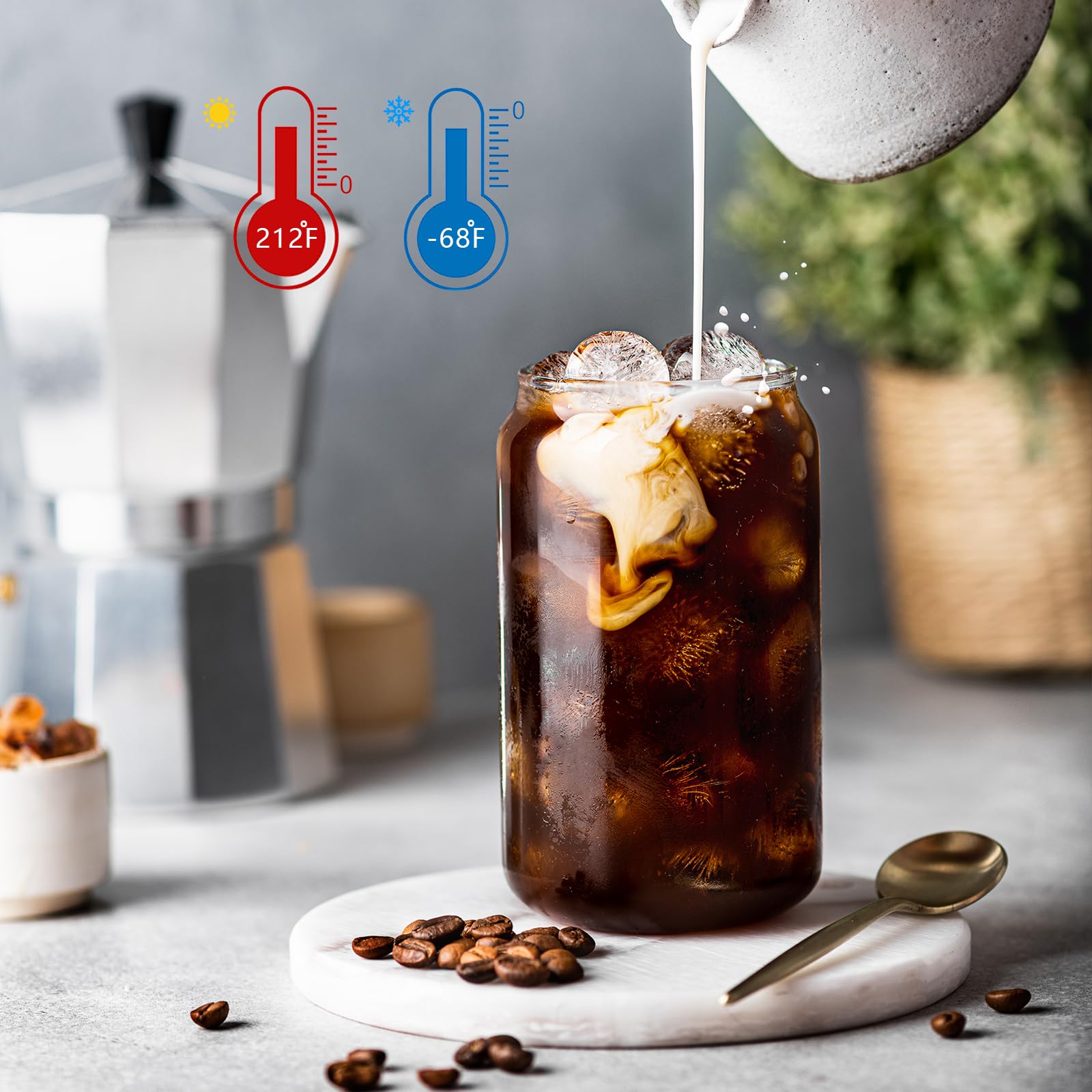 Drinking Glasses with Bamboo Lids and Glass Straw-16oz Can Shaped Glass Cups,Beer Glasses,Iced Coffee Glasses,Ideal for Cocktail,Whiske,Soda,Bubble Tea,Juicing,Smoothies(12pcs Set+2 Cleaning Brushes)