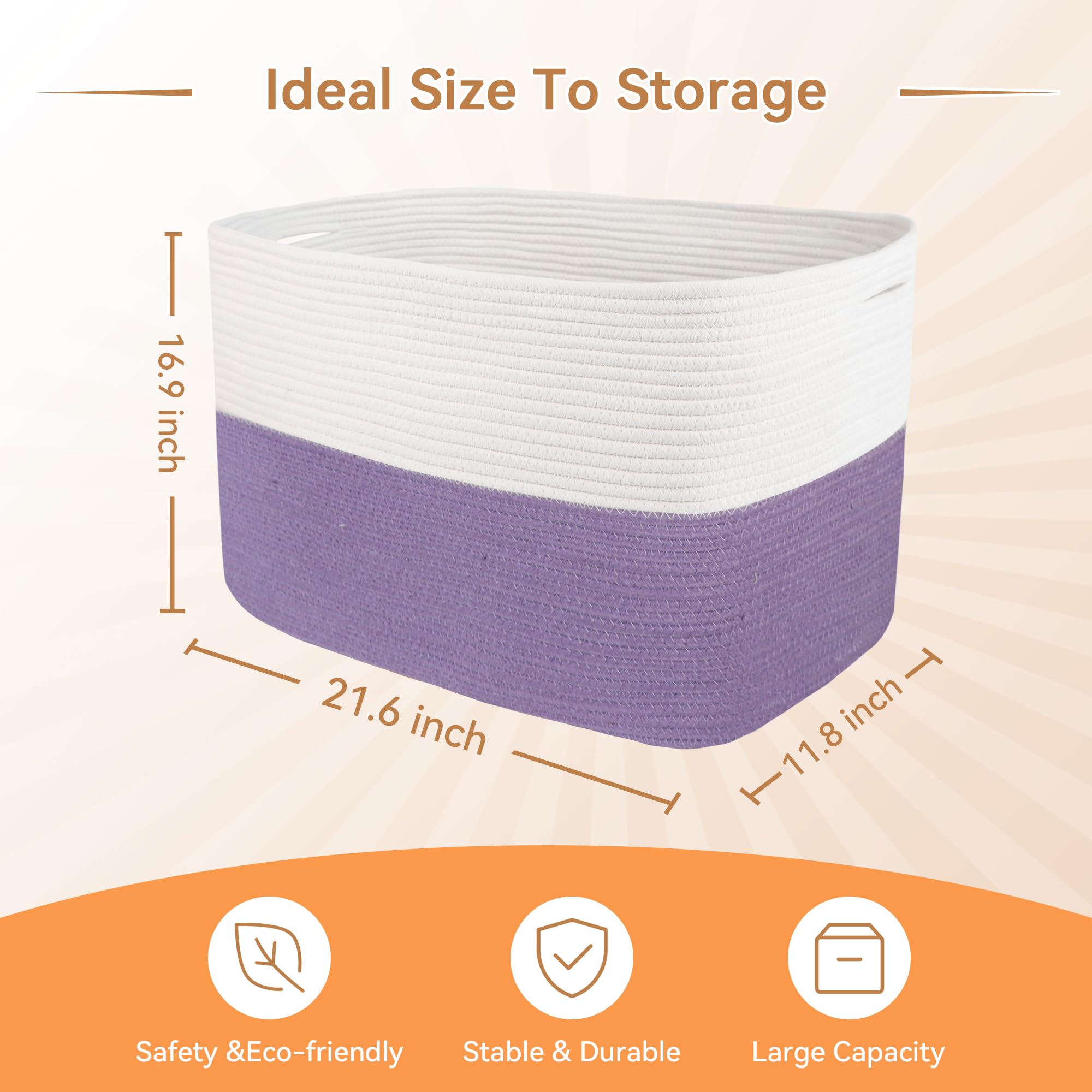 Comfymon 22'' x 17'' x 12'' Large Storage Baskets, Rectangle Woven Baskets for Storage, Baby Nursery Storage Basket for Books, Toys, Towels, Blankets, Purple