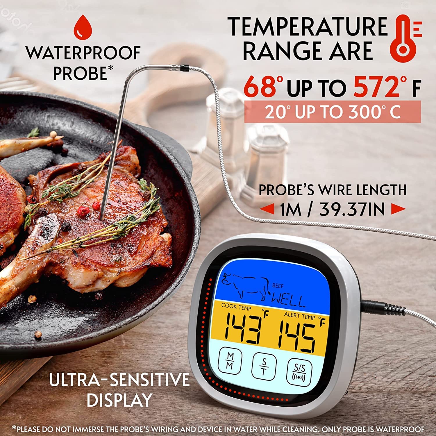 Digital Meat Thermometer for Cooking β Precise Meat Thermometer with Probe & Timer Alarm β Instant Meat Thermometer with 6 Cooking Pre-Set Settings & Auto Shutoff for Grilling Baking & Barbecues