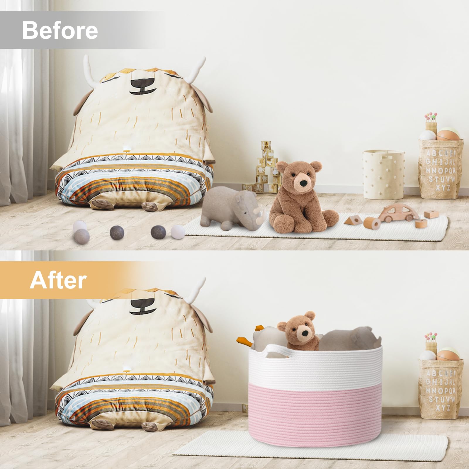 Comfymon Large Blanket Basket, 22" x 22" x 14" Woven Baby Laundry Blanket Basket Toy Basket with Handle, Kids Dog Toy Storage Baskets Organizer Bins, Blanket Storage for Living Room, Pink