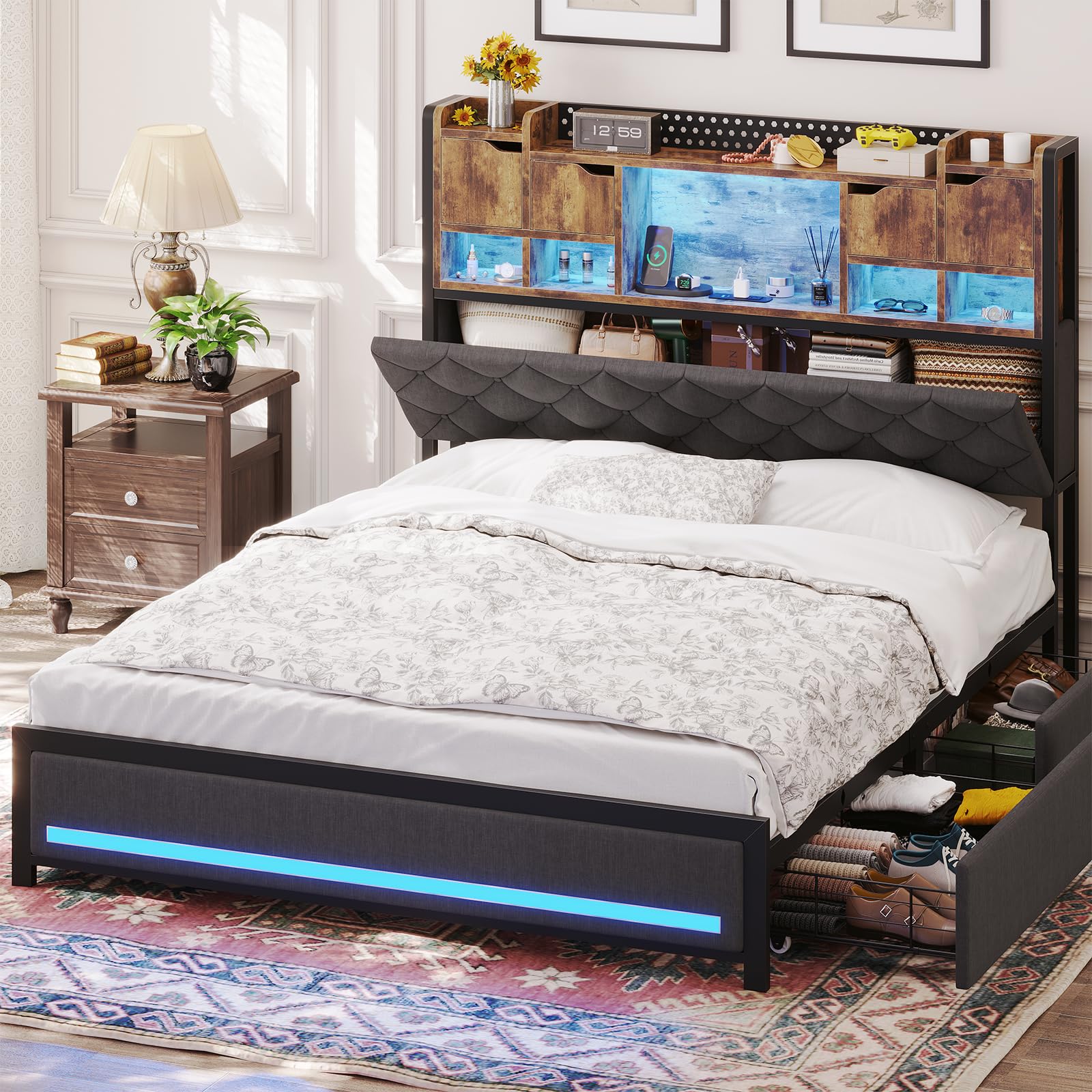 King Bed Frame with Headboard Storage, Bookcase Bed Frame with Charging Station and LED lights, High Bed Frame King Size with Hidden Storage, Noise-Free, Metal Support, No Box Spring Needed, Gray