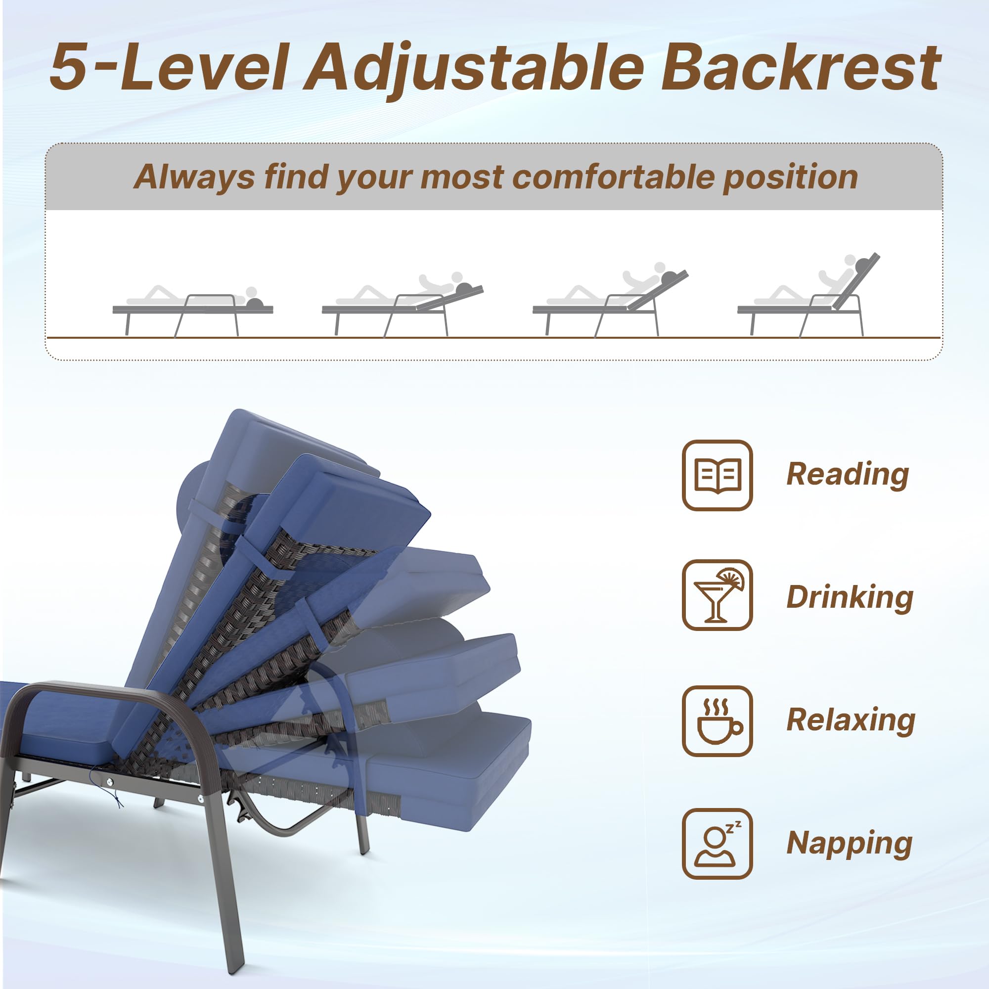 Gotland Patio Chaise Lounge Sets Outdoor Armchair Recliner Rattan Adjustable Back 3 Pieces Cushioned Patio Folding Chaise Lounge with Folding Table