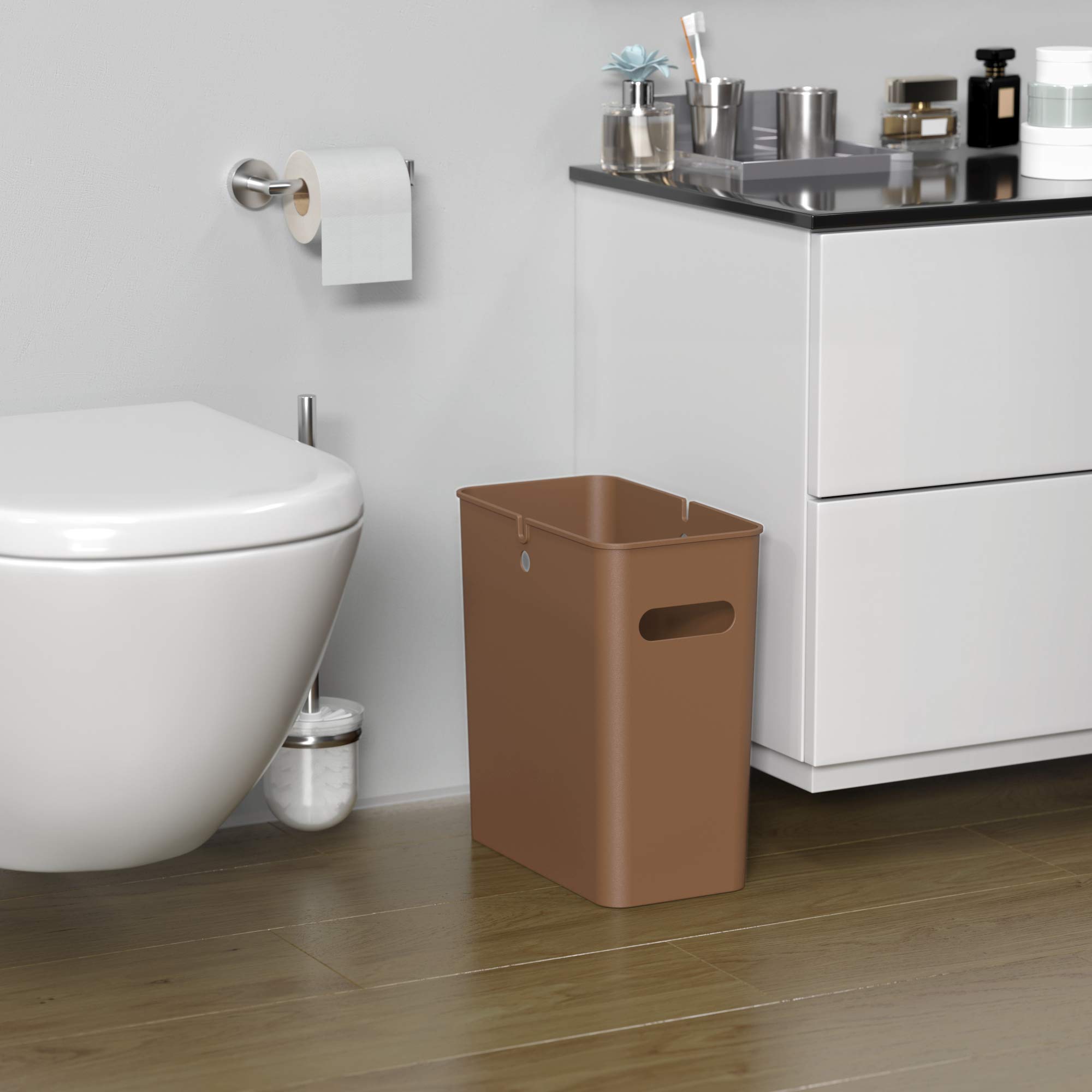 iTouchless SlimGiant 4.2 Gallon Slim Wastebasket with Handles, 16 Liter Plastic Small Trash Can Hanging Garbage Bin Magazine/File Folder Storage Container Home, Office, Bathroom, Kitchen, Toffee Brown