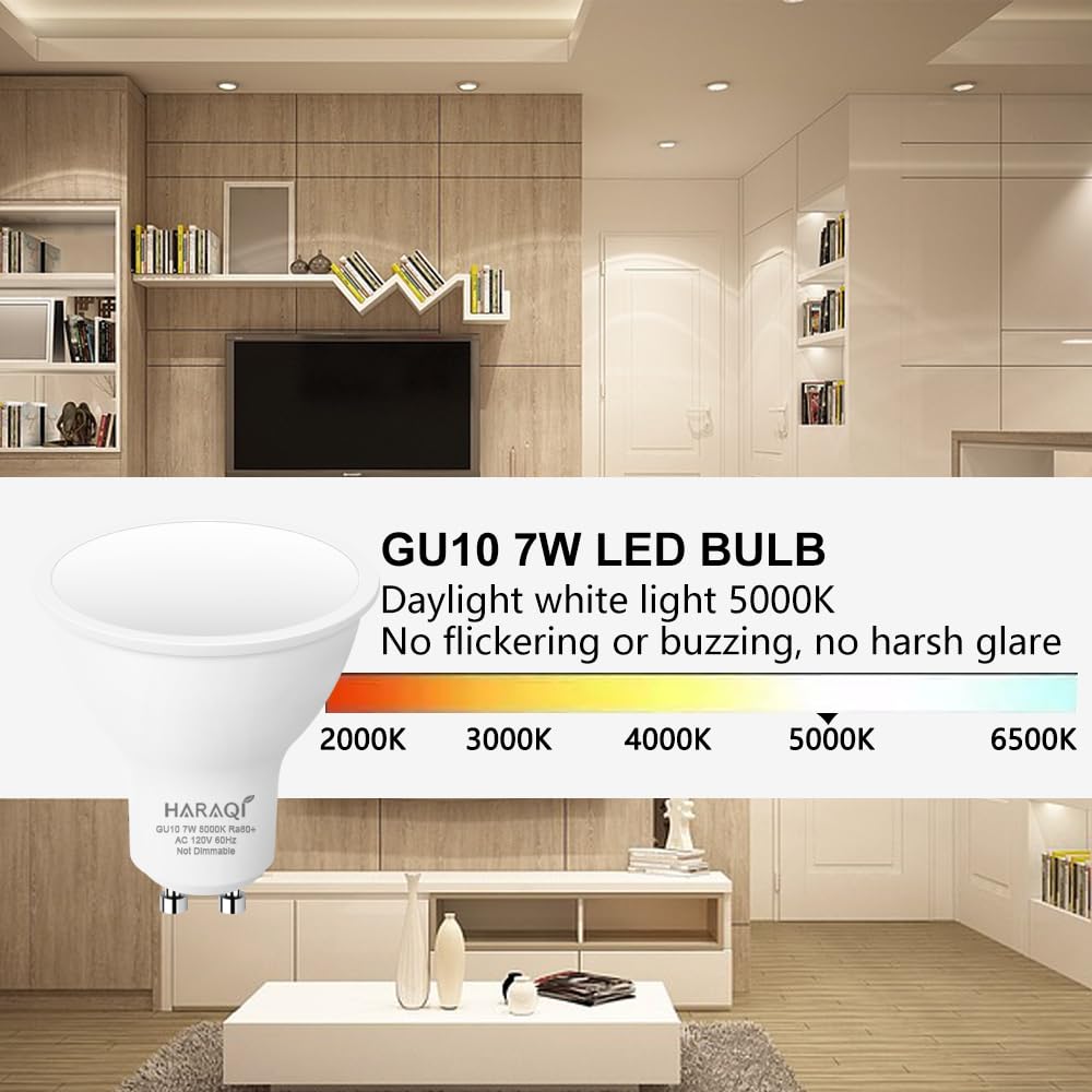 haraqi 6 Pack GU10 120V 7W LED Bulb, 700LM 5000K Daylight White Natural Light 70W Equivalent Reflector Flood Replacement Light Bulbs for Kitchen Hood, Ceiling Fan, Table Lamps