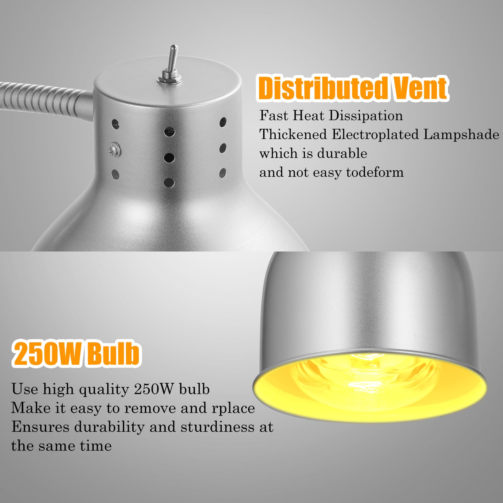 FRYPLS Food Heat Lamp,500W Commercial Grade Adjustable 2-Head Warmer Warming Light with 3- Bulbs,Stainless Free-Standing Catering Heating Lamp for Kitchen Cafeteria Restaurant Buffet