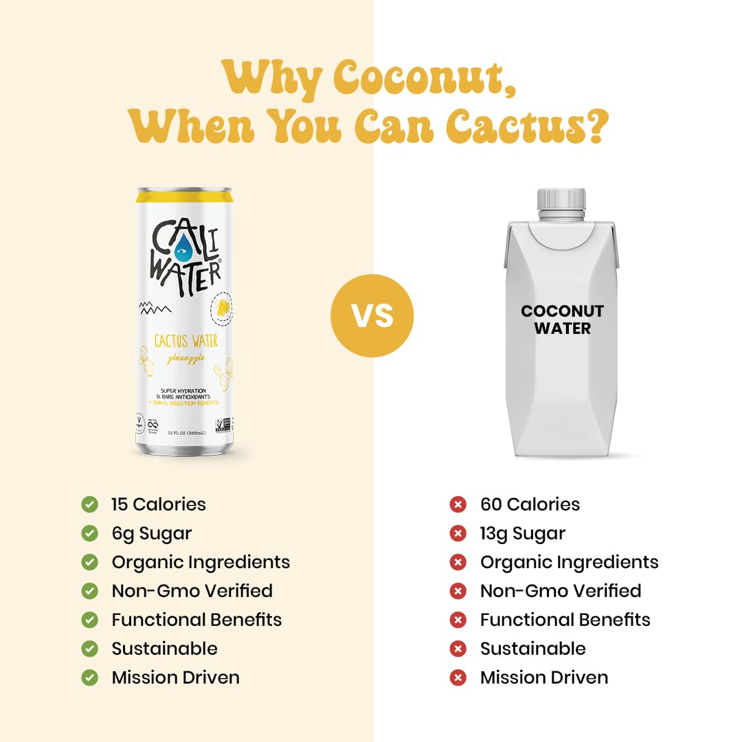 Caliwater - Organic Cactus Water - Pineapple - 5g Sugar, 35 Calories - Coconut Water Alternative - Natural Plant Based Hydration - Skin Care, Electrolyte Drinks - Flavored Water Beverages - 12 Cans