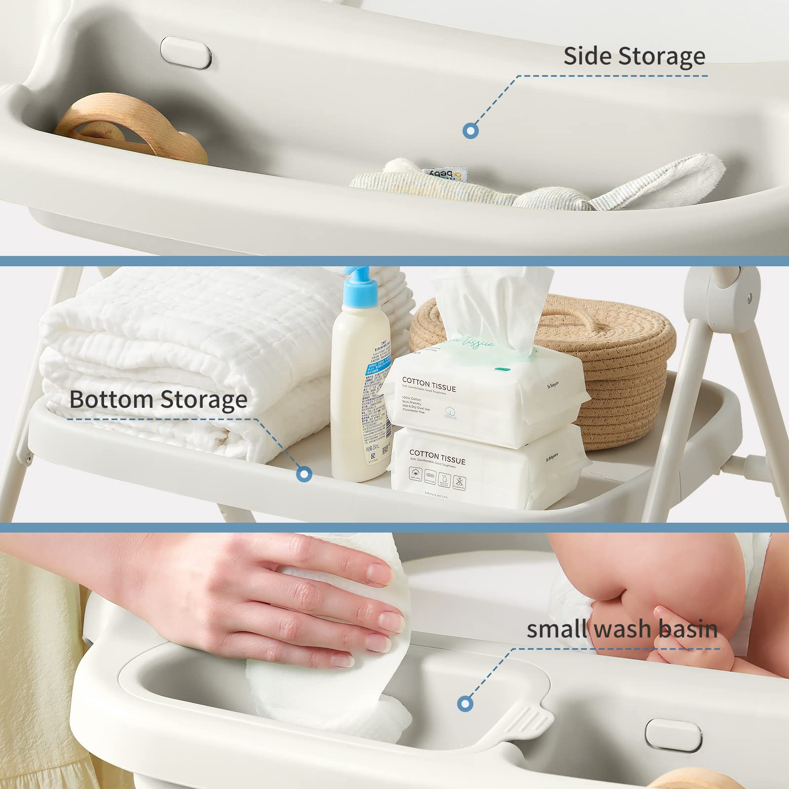 cosola Baby Changing Table with Wheels, Foldable Adjustable Height Diaper Changing Tables with Changing Pad & Storage Rack Diaper Station for Newborn Baby and Infant, Light Grey