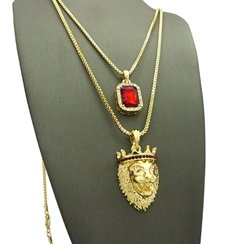 Gold Tone Micro Colorful Gemstone King Crown Lion Head Pendant 2mm 24", 30" Box Chain 2 Necklace Set (Gold + Red)