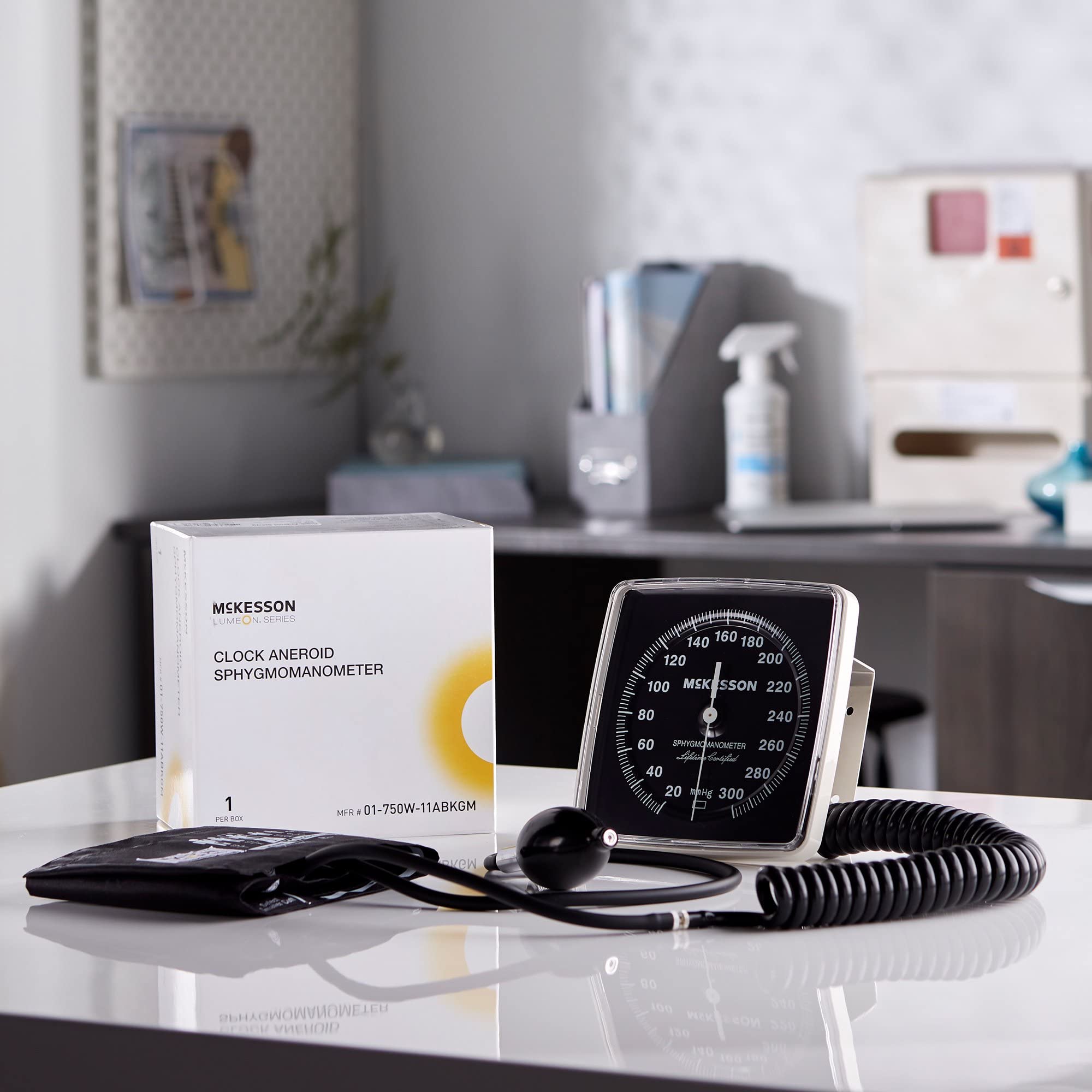 McKesson LUMEON Clock Aneroid Sphygmomanometer, Blood Pressure with Cuff, Wall Mounted, Black, Adult Medium, 1 Count