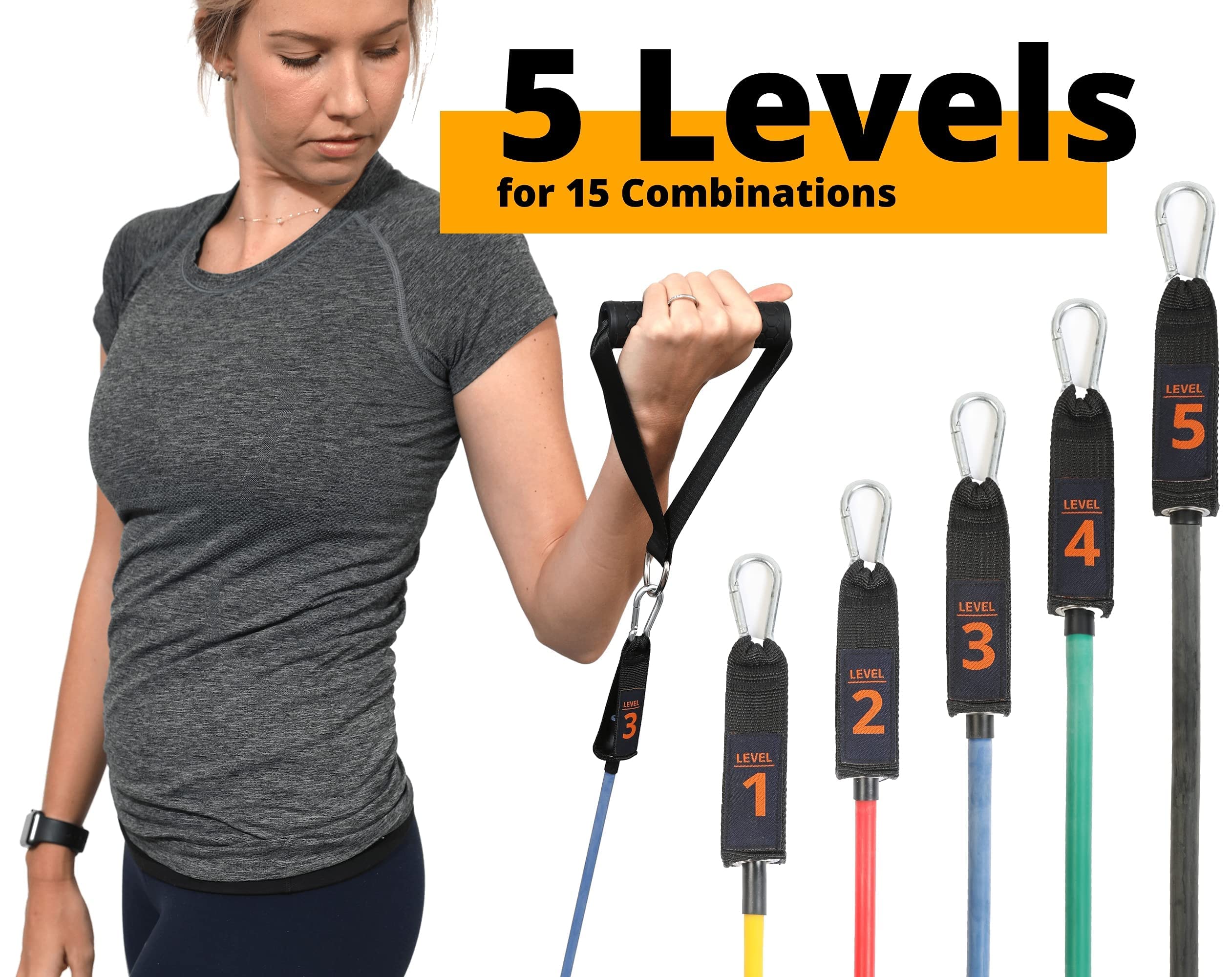 Brazyn Bundle - Resistance Bands Kit (with Handles) and Mobility Stretching Strap (Navy) for Home Workouts, Strength Training, Stretching, Yoga, Physical Therapy, Pilates, Dance and Gymnastics