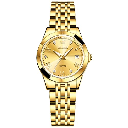 Gold Watches for Women Diamond Face Quartz Stainless Steel Slim Mini Watches Lady Roman Numeral Water Resistant Dainty Female Bracelet Watches Small Wrist Luxury Women Golden Watch Wedding Easy Reader