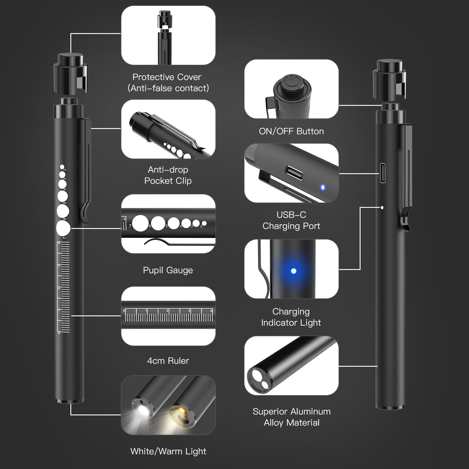 COSOOS 2 Rechargeable Pen Lights with Pupil Gauge & Ruler, Mini LED Penlights for Nurses Doctor, Warm/White Light with Clip, USB-C Rechargeable Penlight Flashlight Gift for Nursing Student