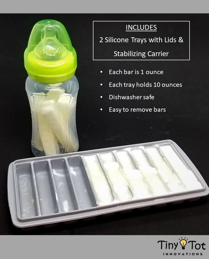 Breast Milk Freezer Storage Trays w/Carrier, 10-1oz Bars, 2 Silicone Containers w/Silicone Lids and Carrier, Food Grade Silicone