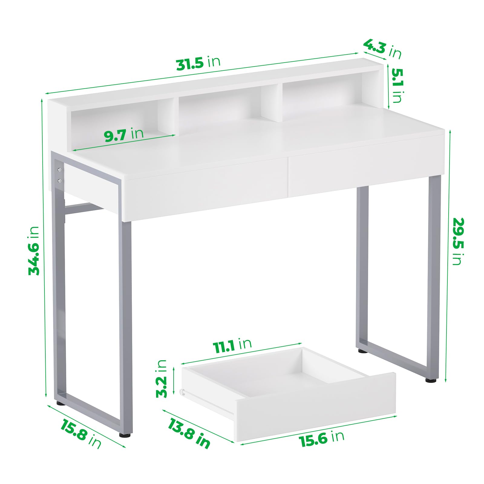 GreenForest Vanity Desk with 2 Drawers, White Makeup Desk with 3 Storage Spaces, 31.5 inch Small Desk with Silver Metal Legs, Modern Home Office Desk for Kids, Bedroom (No Mirror)