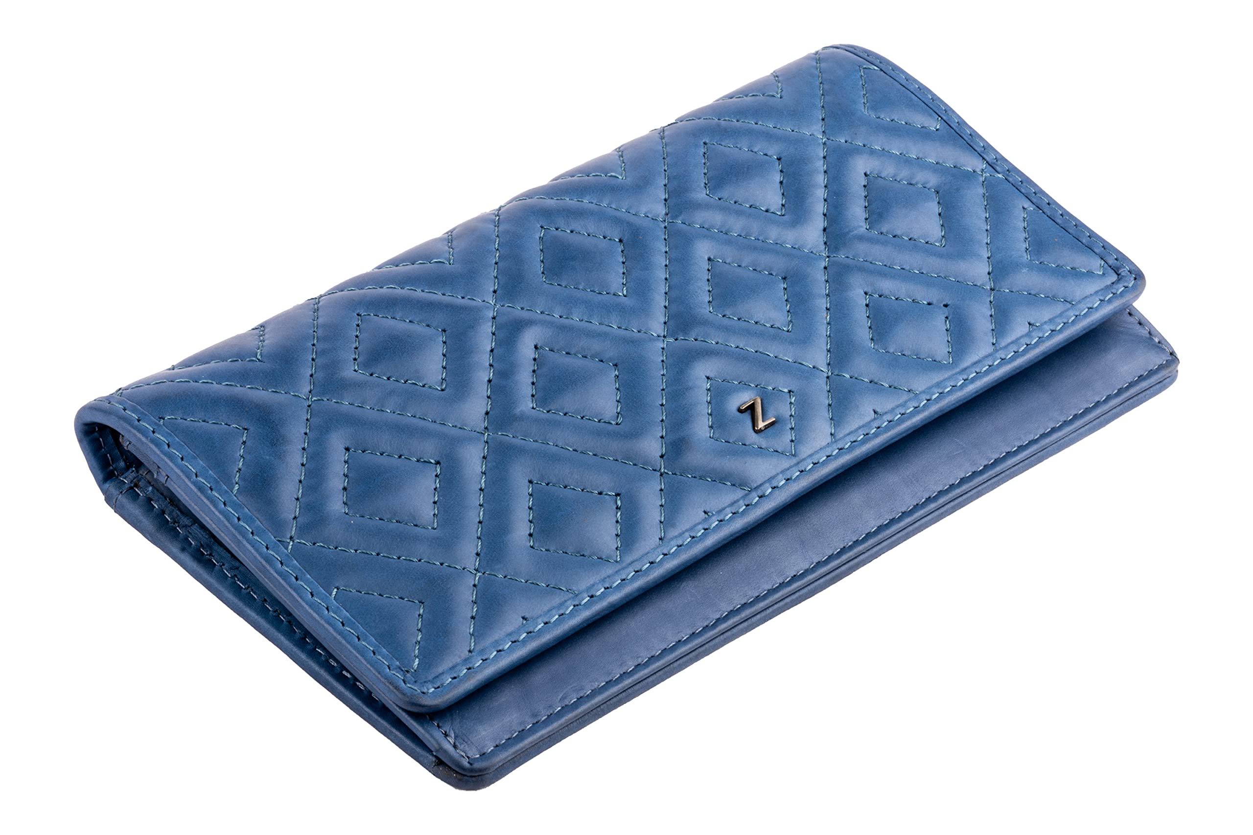 Zinda Genuine Leathers Women’s Wallet RFID Protection Long Purse Flap Over Quilted (Blue)