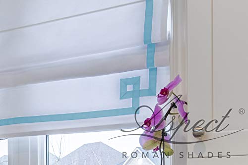 LOGANOVA Custom Flat Roman Shade with white background and baby blue Greek key border. Premium lining and chain mechanism.