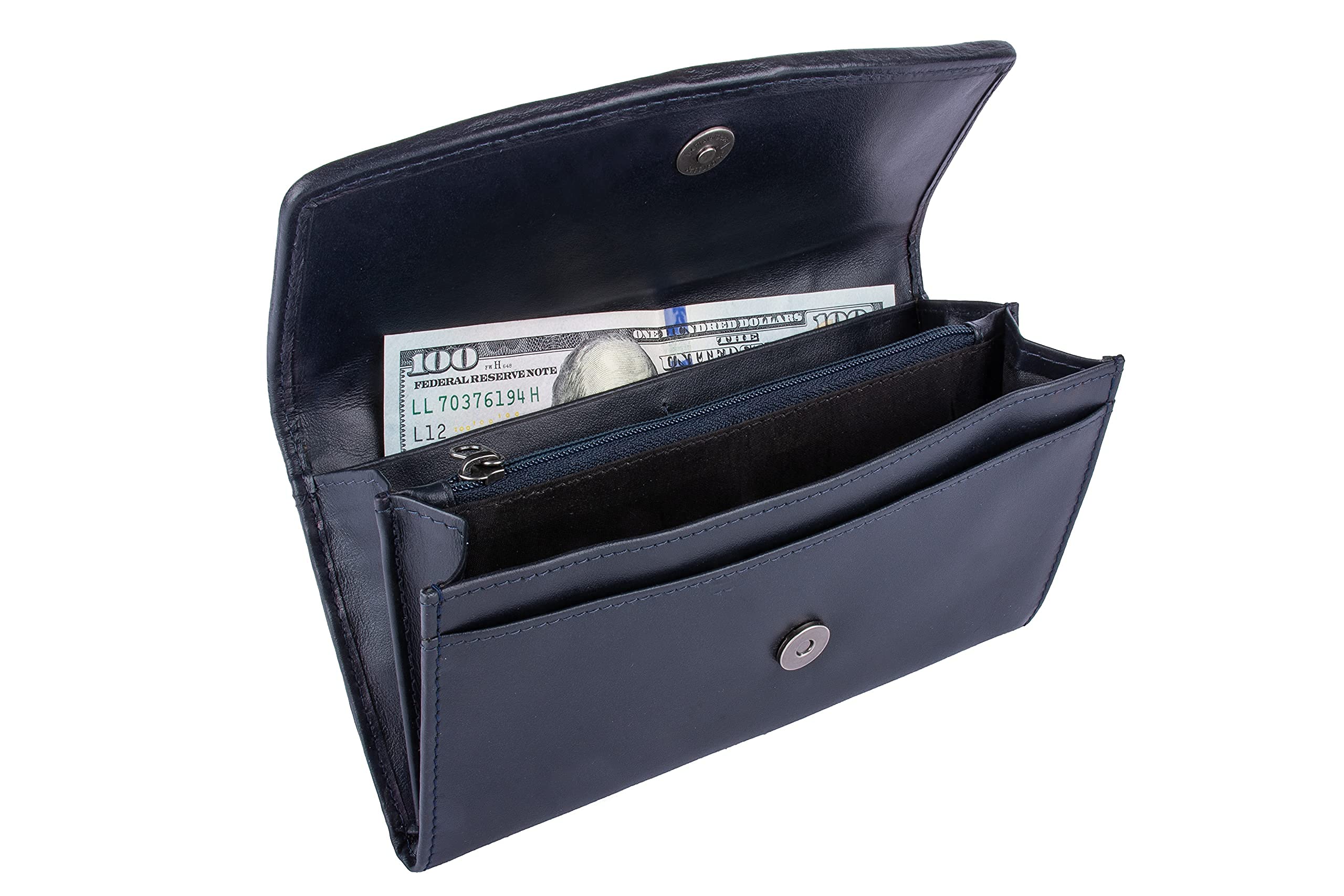 Zinda Genuine Leathers Women’s Wallet Long Purse Flap Over RFID Protection Quilted (Navy)
