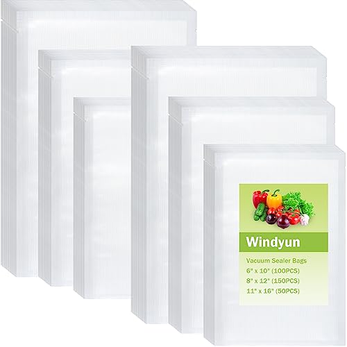 Windyun 300 Pcs Vacuum Sealer Bags for Food Bulk, Gallon 11 x 16 In, Quart 8 x 12 In, Pint 6 x 10 in, Commercial Grade Precut Bag for Sous Vide Food Storage Meal Prep Puncture Prevention Heavy Duty
