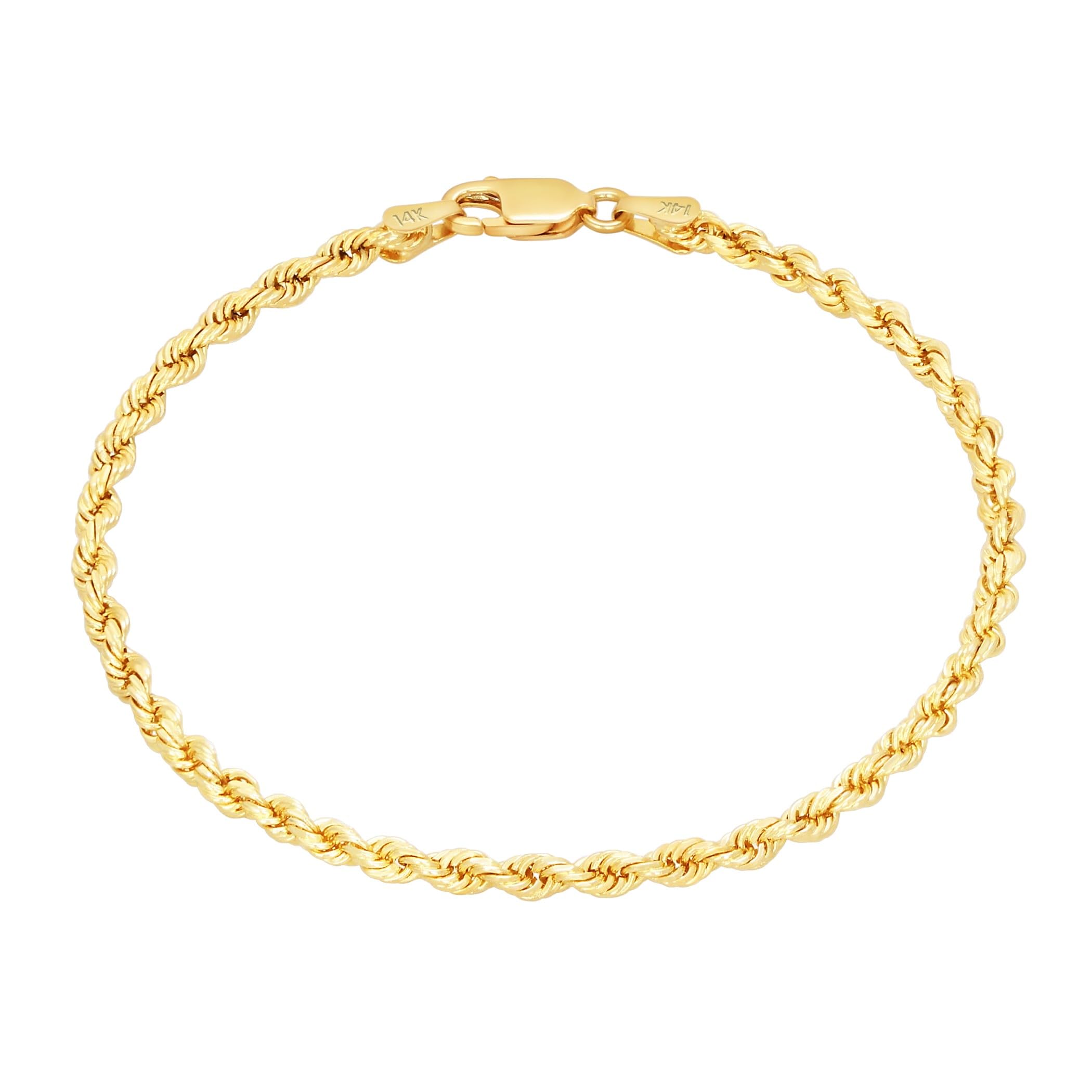 Nuragold 14k Yellow Gold 2mm Rope Chain Diamond Cut Bracelet or Anklet, Mens Womens Jewelry 7" 7.5" 8" 8.5" 9"