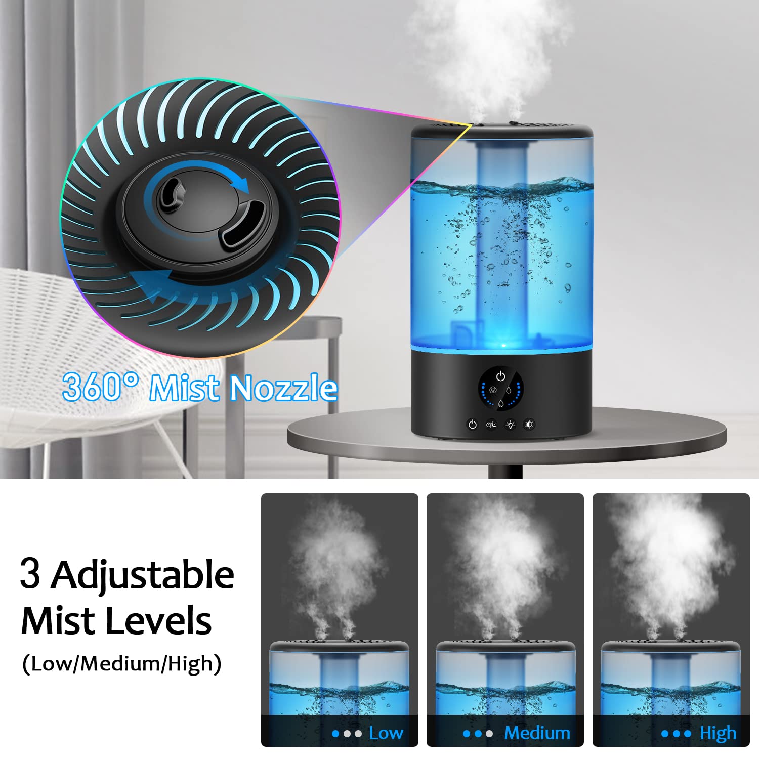 Cool Mist Humidifier, Ultrasonic Humidifiers for Bedroom Baby, 3L Large Humidifier w/Remote Control, 7 Colors Night Light 6 Dimmer Adjustable Mist Levels, Timer, Auto Shut-Off for Large Room, White