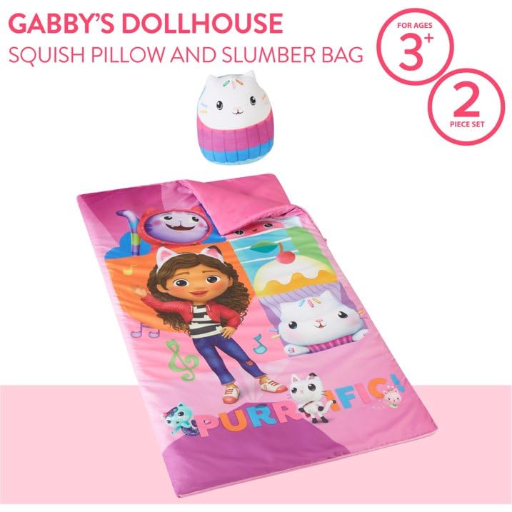Gabbys Dollhouse 2 Piece Sleeping Slumber Bag and Squishy Pillow,54"x30",Ages 3+