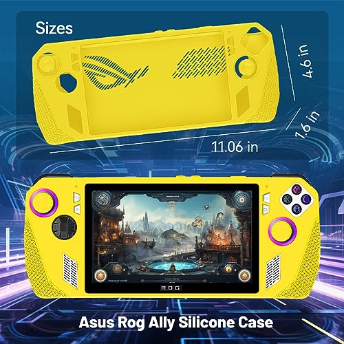PAKESI Silicone Case for ASUS ROG Ally 2023 Release,Handheld Game Console Cover Protector Case with 2 Thumb Grip Caps and 2 Pack Screen Protectors - Enhance Your Gaming Experience(Yellow)