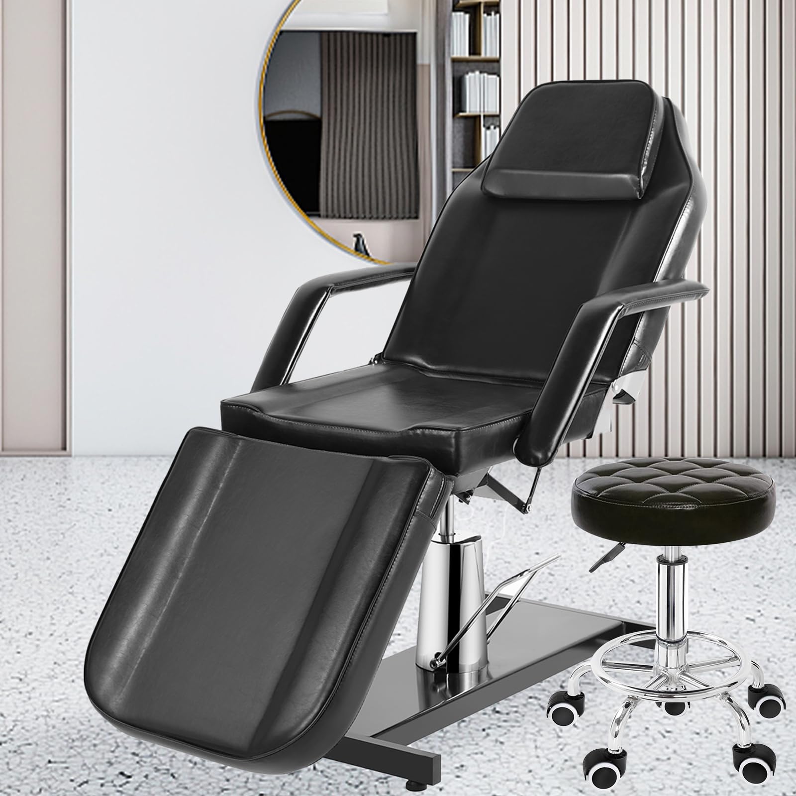 Dangvivi Hydraulic Tattoo Chair Table for Client, Lash Chair for Eyelash Extensions with Rolling Stool,Esthetician Bed Facial Chair,360 Swivel Adjustable Beauty Salon Spa Bed (Black Hydraulic)