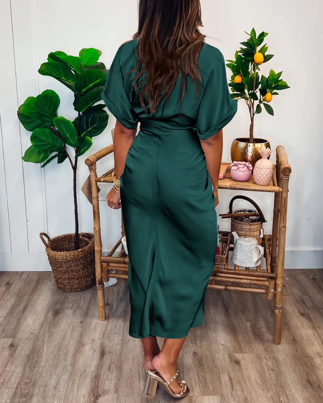BTFBM Women 2024 Button Down Ruched Shirt Dresses Short Sleeve Lapel V Neck Elegant Party Spring Summer Maxi Satin Dress(Short Sleeve Dark Green, Large)