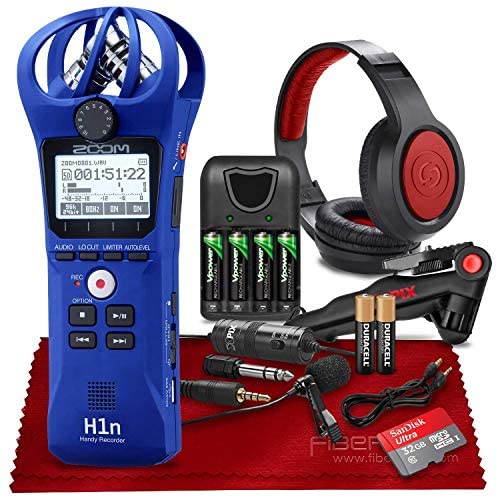 Zoom H1n 2-Input / 2-Track Portable Handy Recorder with Onboard X/Y Microphone (Blue) + Xpix Professional Lavalier Microphone, Stereo Headphones, 32GB SD Card, AAA Batteries & Charger & Accessories